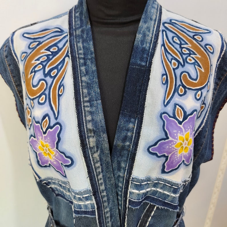 Patchwork Denim Vest With Hand Drawn Batik, Upcycled Vest, Recycled ...