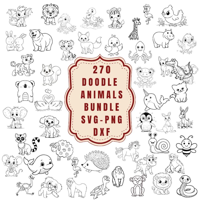 270 Doodle Animal SVG Clipart Bundle, Outline Animals Svg - Png - Dxf ...