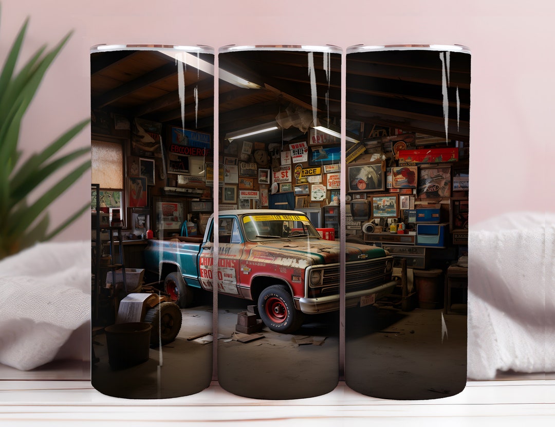 Mid 1980s Chevy Truck, Vintage Cars Garage Workshop, JPEG, Straight Tumbler Wrap Design, 20oz ...