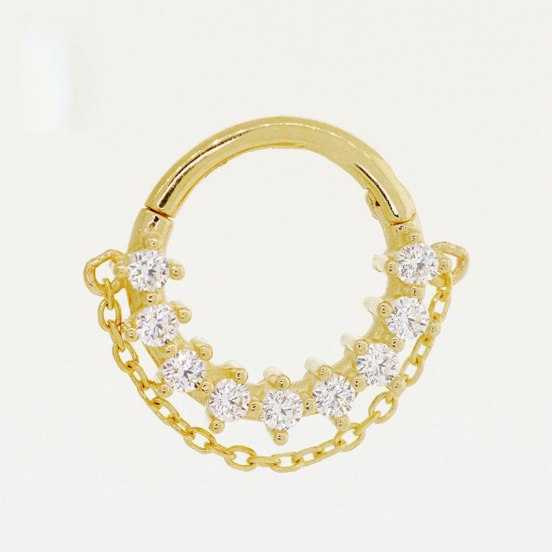 14k Solid Gold Chain Septum Hoop Clicker Diamond Tragus Hoop Helix ...