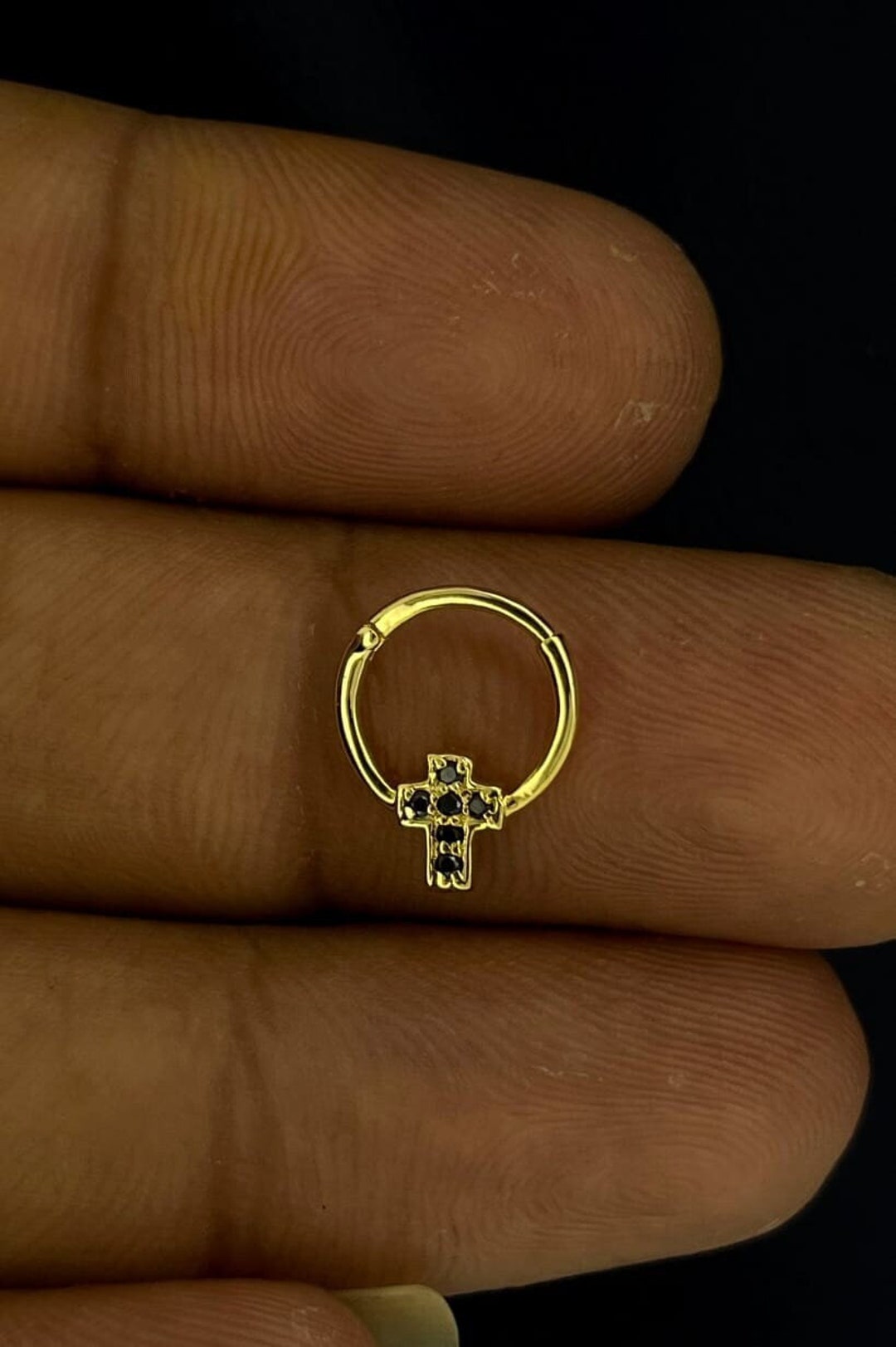 Daith Piercing, 14K Solid Gold Cross Shape Natural Round Diamond Septum ...