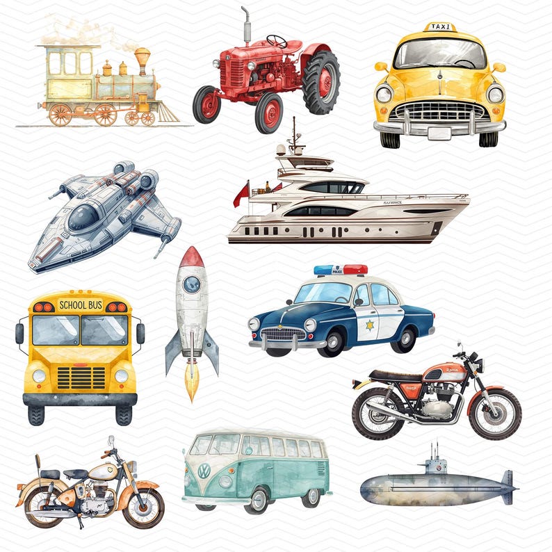Watercolor Vehicles Clipart Bundle: Cars, Bus, Bicycle (digital ...