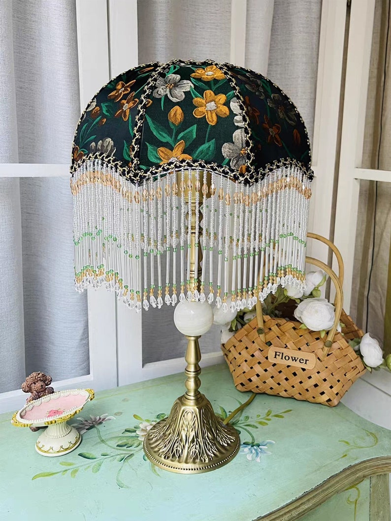 Vintage Flora Fabric Lampshade Beades Fringes Lamp Shade Handmade ...