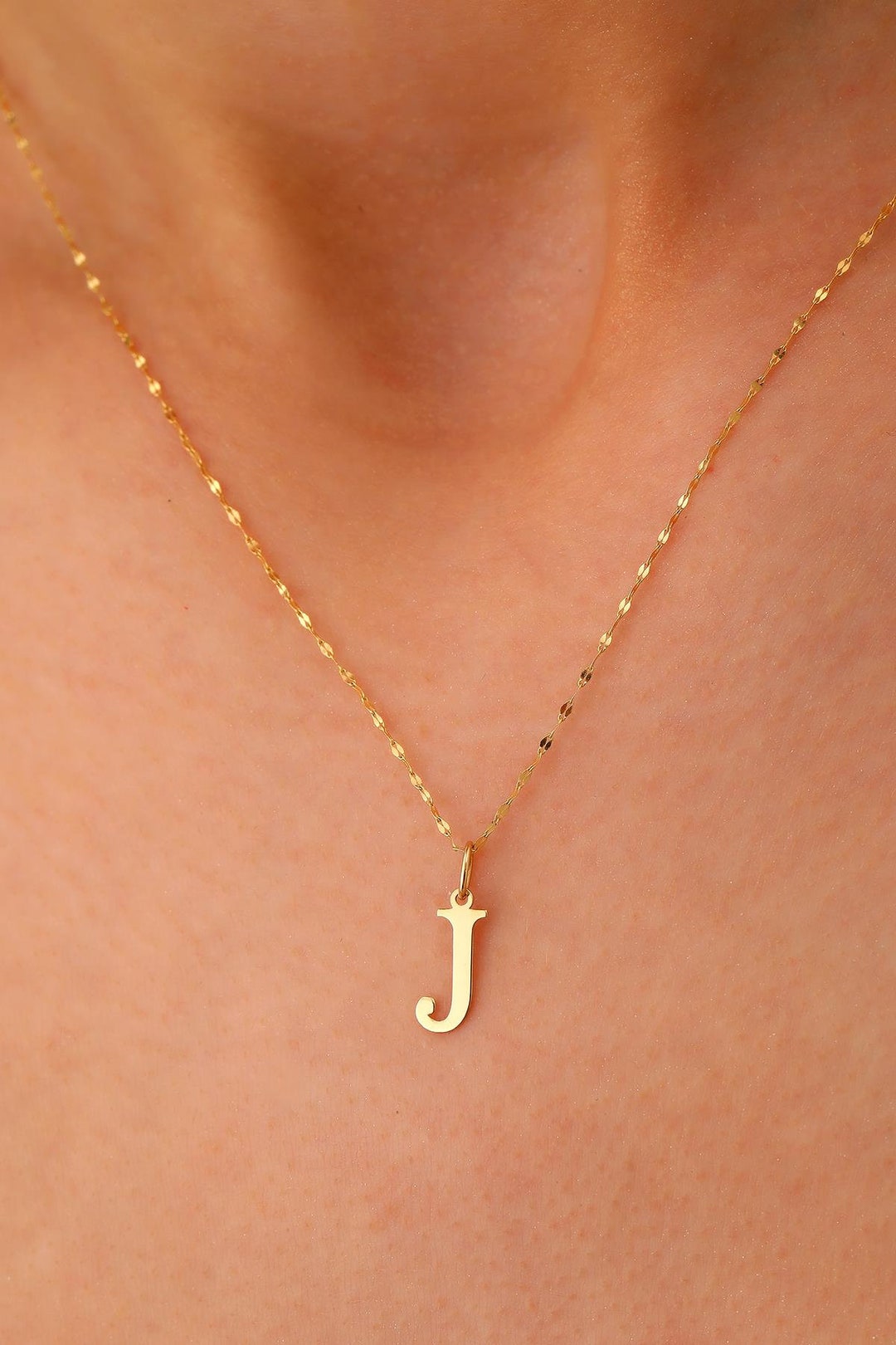 14 K Gold J Letter Thin Mirror Chain Necklace - Etsy