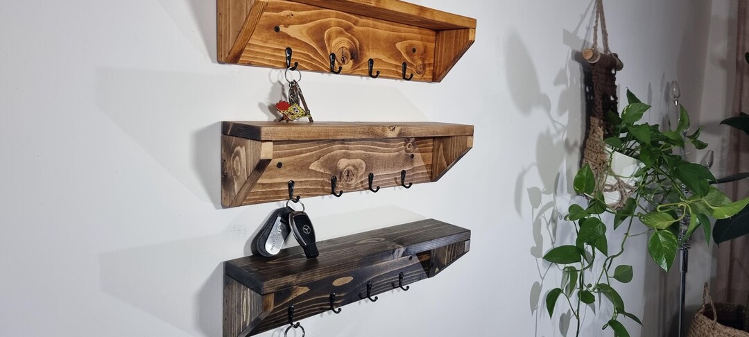 Handmade Rustic Key Rack With Shelf Wall Mounted Black Hooks | Key ...