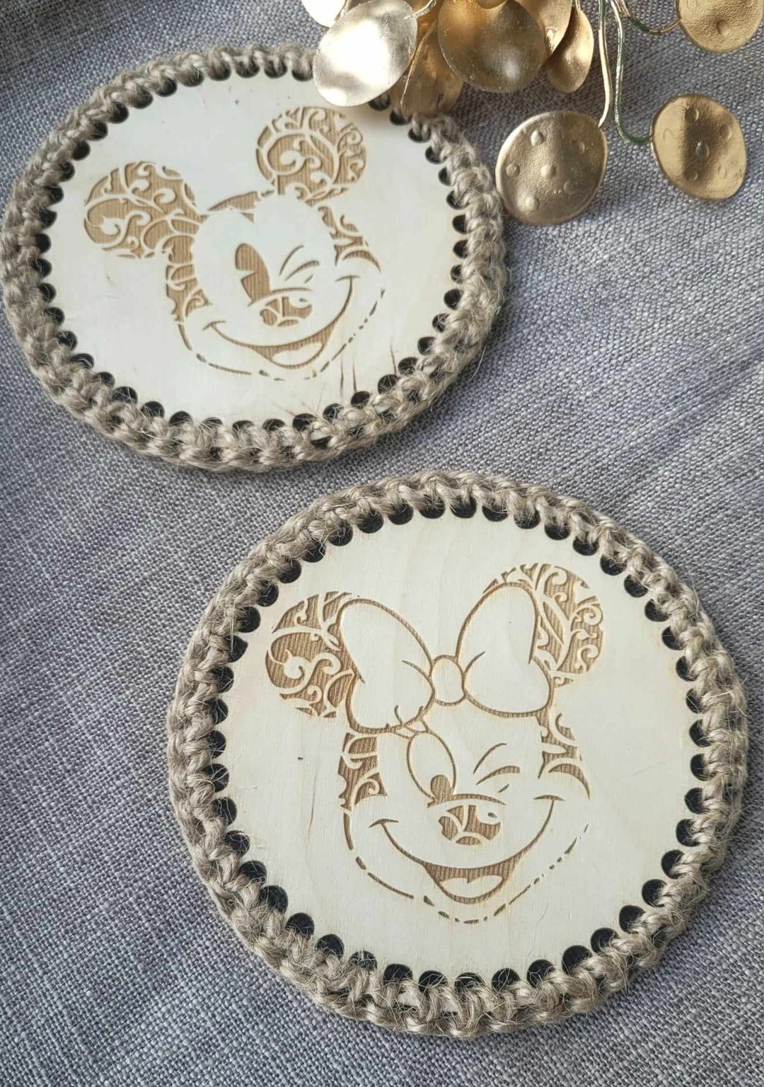 Mickey Mouse Coasters (set of 2): Handmade Birch Plywood With Crocheted ...