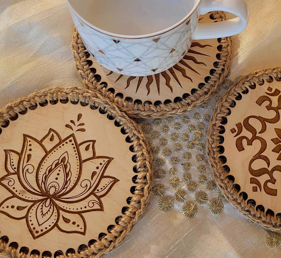 Set of 6 Om /aum Ohm Sun Symbol Home Decor - Wood Coasters,gift ...