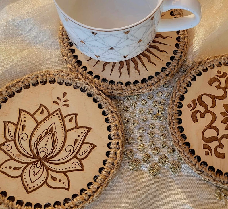 Set of 6 Om /aum Ohm Sun Symbol Home Decor - Wood Coasters,gift ...