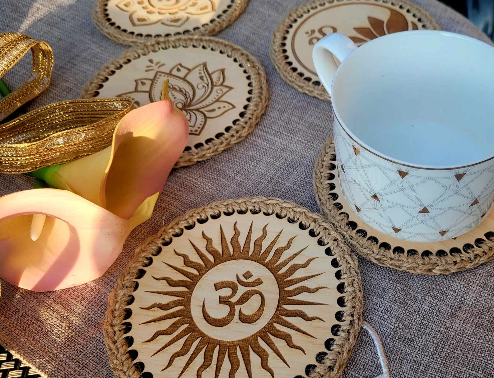 Set of 6 Om /aum Ohm Sun Symbol Home Decor - Wood Coasters,gift ...