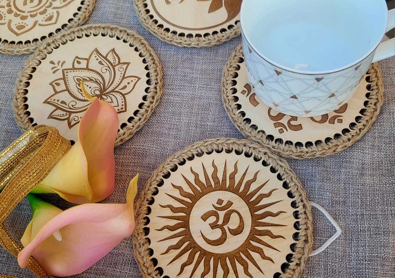 Set of 6 Om /aum Ohm Sun Symbol Home Decor - Wood Coasters,gift ...