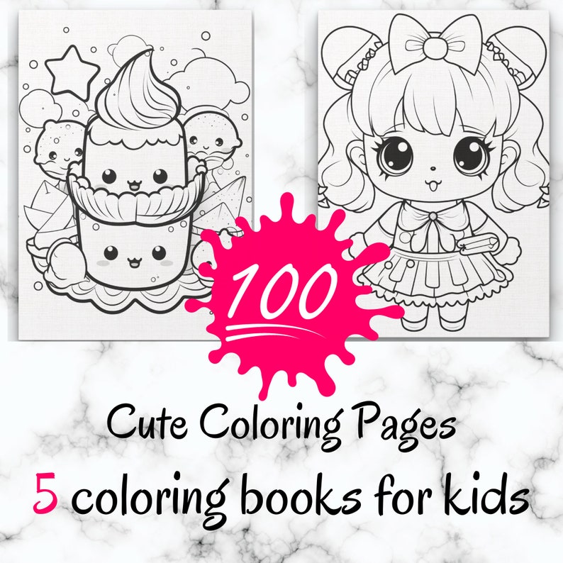 100 Cute Kawaii Coloring Pages for Kids! 5 Coloring Books Digital ...
