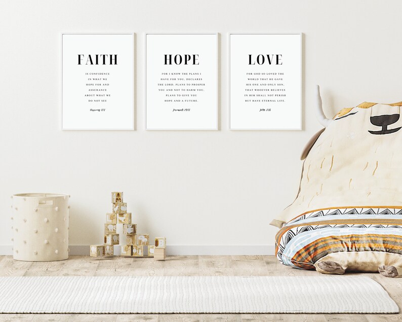Faith Hope Love Bible Verse Wall Art Set of 3 Prints, Scripture Quote Hebrews 11-1, Jeremiah 29 ...