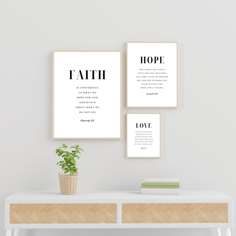 Faith Hope Love Bible Verse Wall Art Set of 3 Prints, Scripture Quote Hebrews 11-1, Jeremiah 29 ...