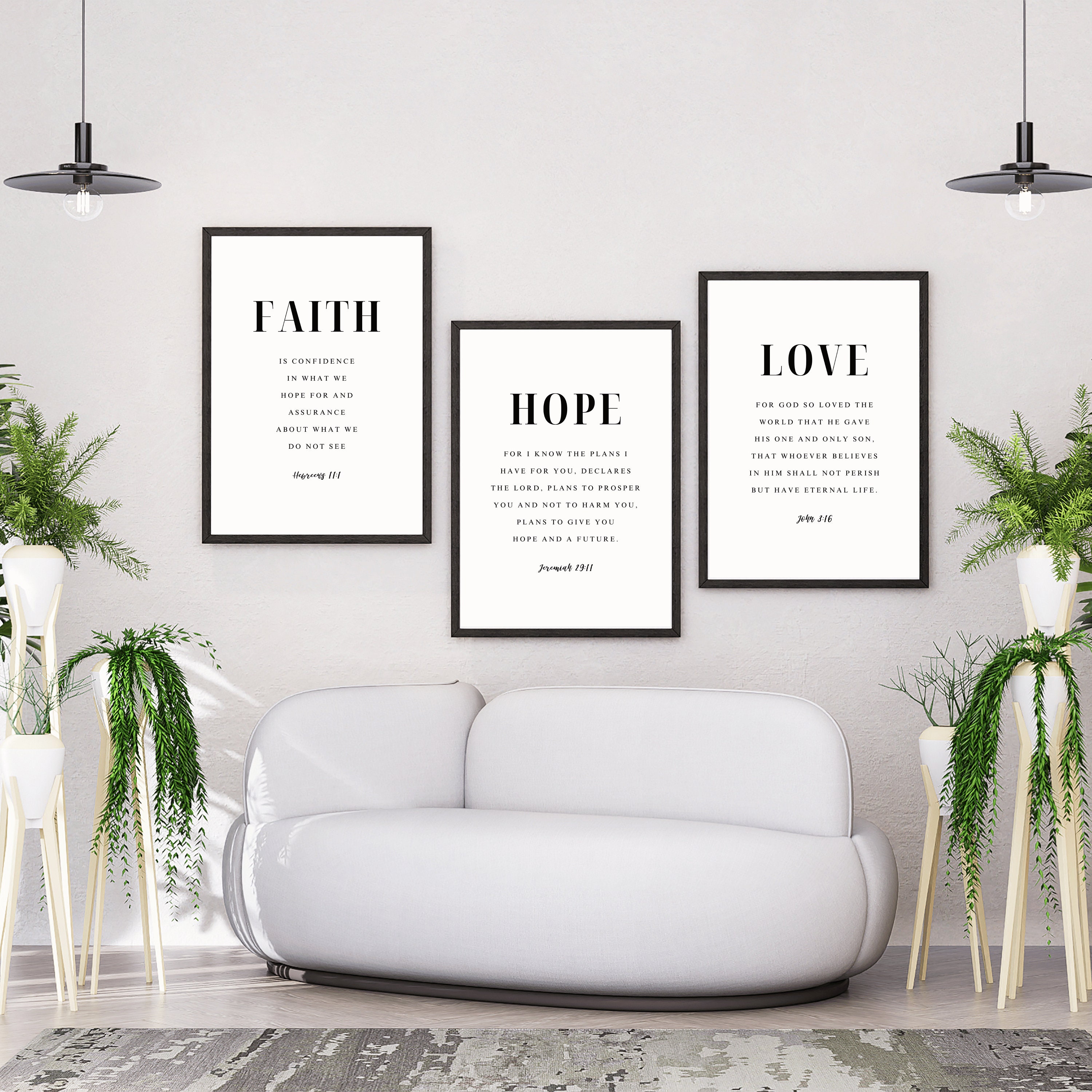 Faith Hope Love Bible Verse Wall Art Set of 3 Prints, Scripture Quote Hebrews 11-1, Jeremiah 29 ...