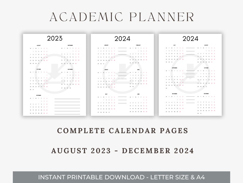 Academic Planner Printable PDF 39 Pages, 2023 August to 2024 December ...
