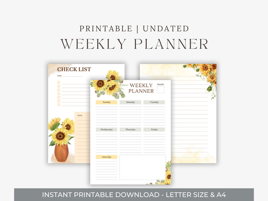 Sunflower Weekly Planner Printable: Undated Checklist & Notes (a4/a5 ...