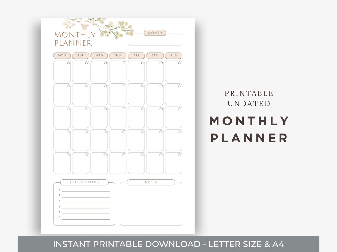 Calendar | Printable Monthly Planner | A4, A3, Letter Portrait ...