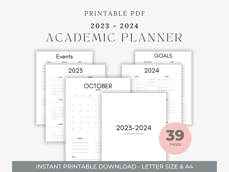 Academic Planner Printable PDF 39 Pages, 2023 August to 2024 December ...