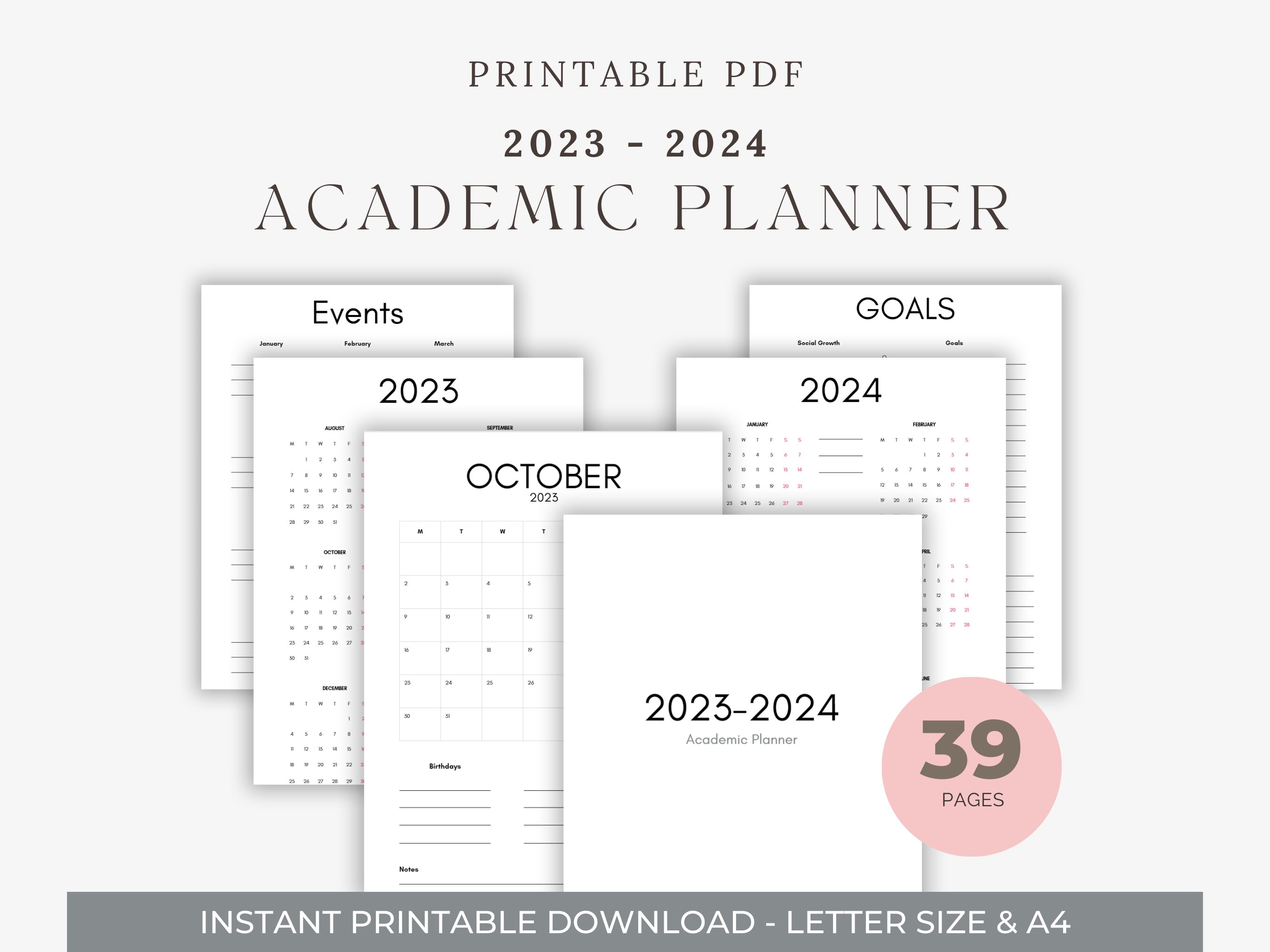 Academic Planner Printable PDF 39 Pages, 2023 August to 2024 December ...