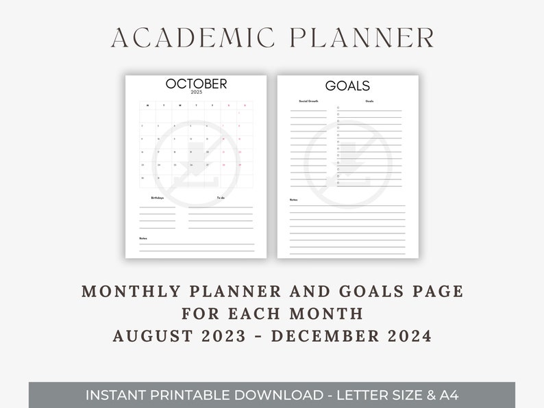 Academic Planner Printable PDF 39 Pages, 2023 August to 2024 December ...