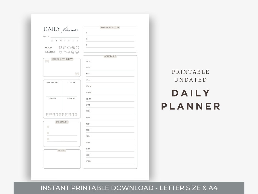 Minimalist Daily Planner Printable, Productivity Planner (PDF, PNG) - Etsy
