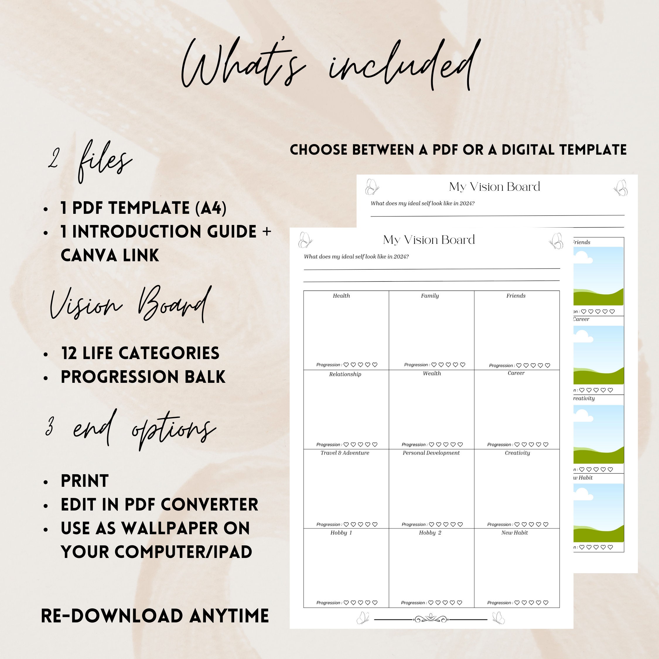 2024 Progression Vision Board, Editable Canva Vision Board, 2024 Vision ...