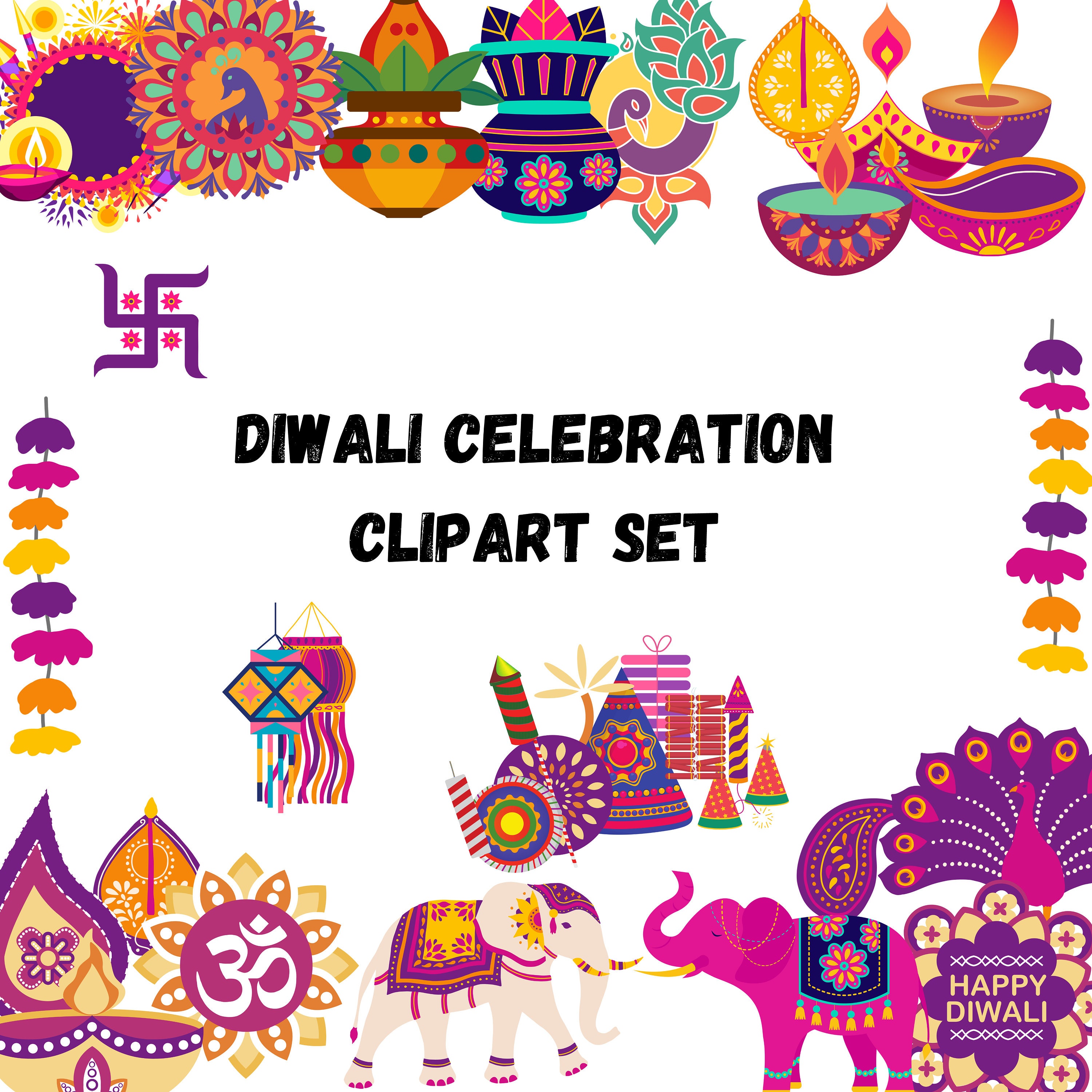Diwali Clipart Set Svg Bundle Download PNG Instant Download Invite Wall ...
