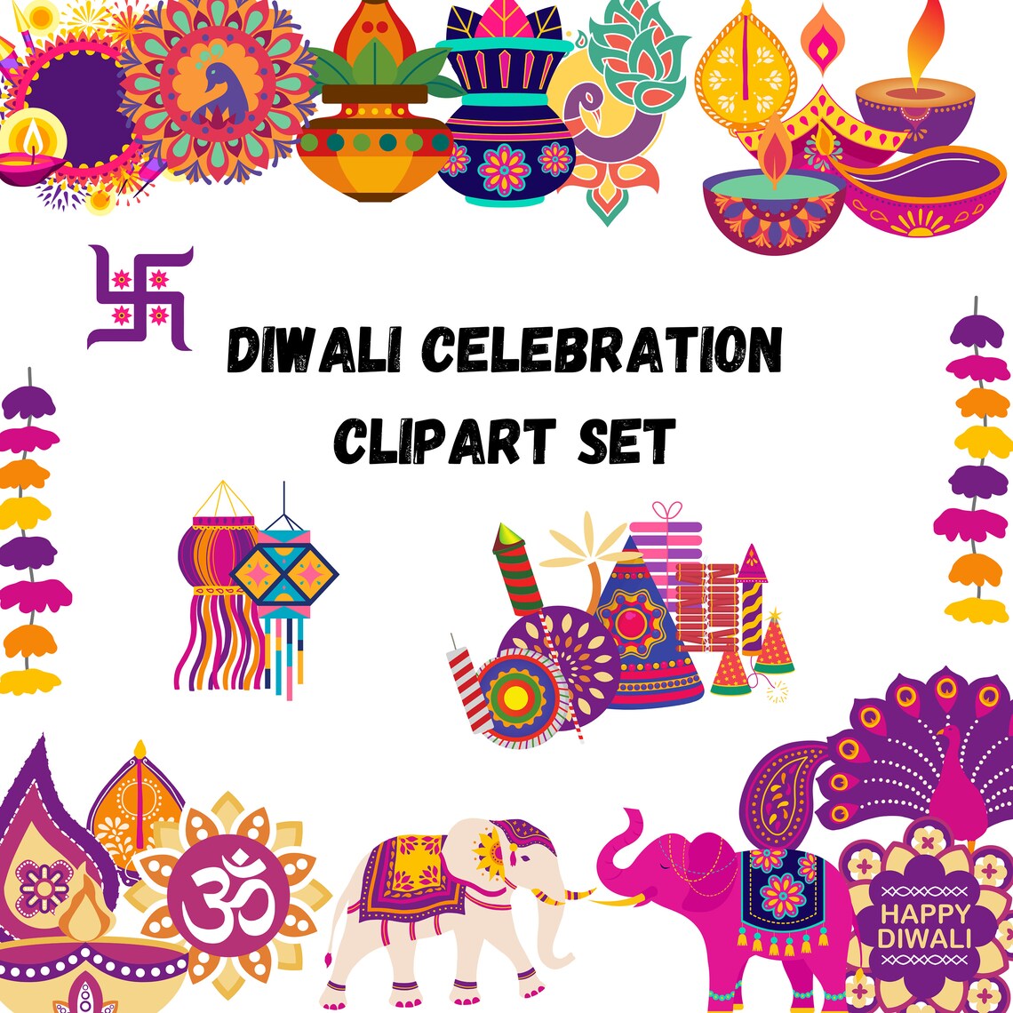 Diwali Clipart Set Svg Bundle Download PNG Instant Download Invite Wall ...