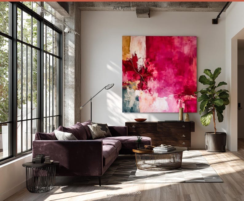 Vibrant Red Abstract Wall Art,modern Canvas Decor,bold Magenta and Gold ...