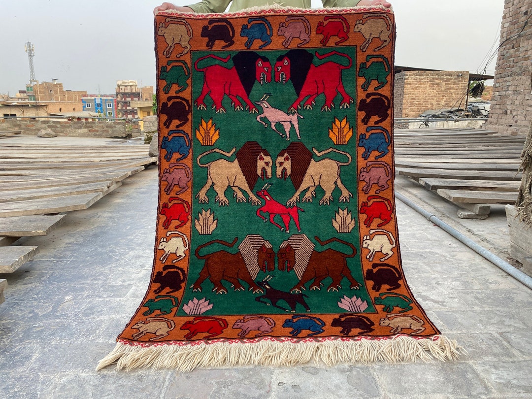 Afghan Animal Print Pictorial Rug 3x5 Ft Handmade Hand Knotted Rug ...