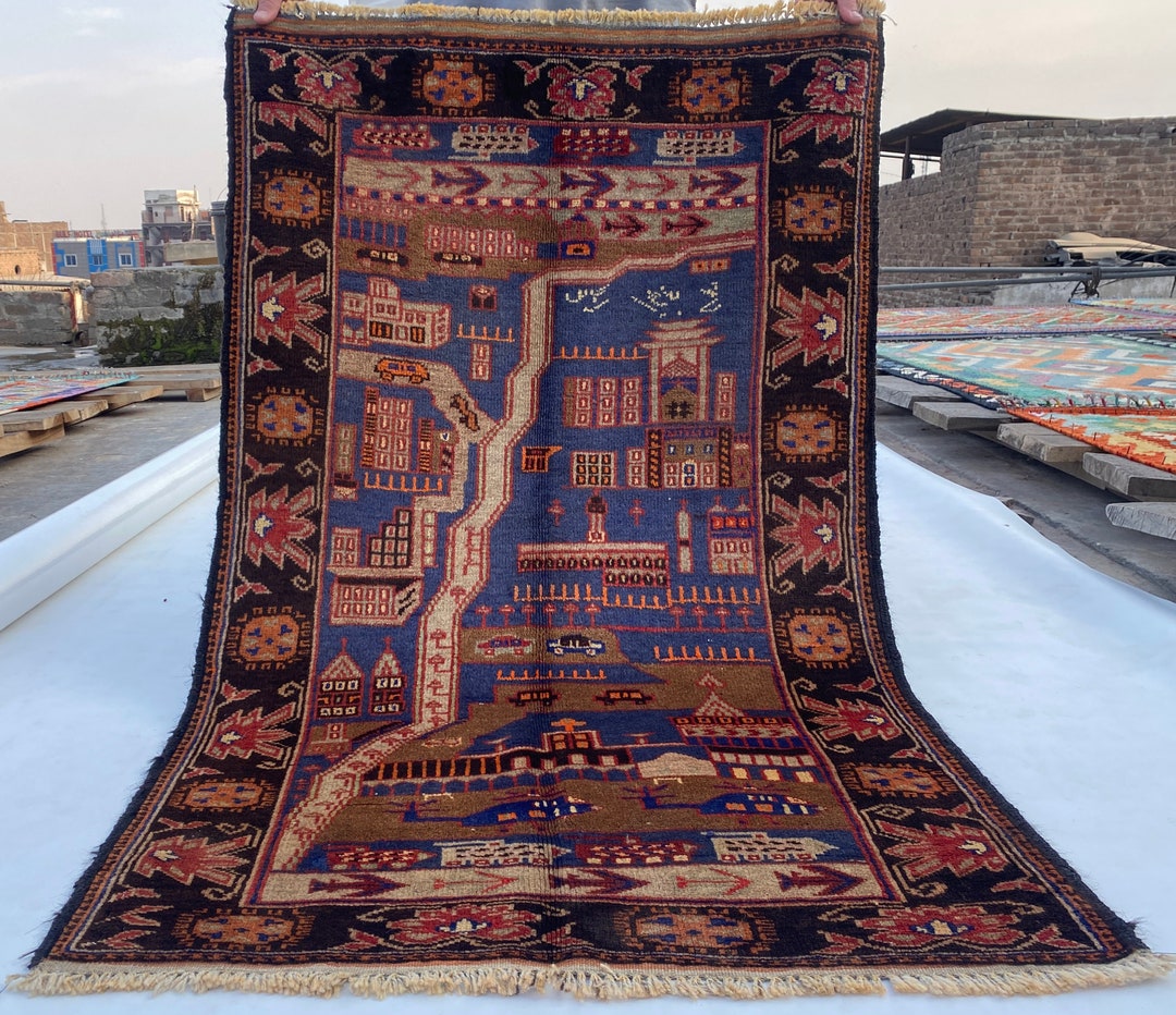 Pictorial Antique Rug 4.3x2.6 Ft/high Piles Baluchi Afghani Rug ...