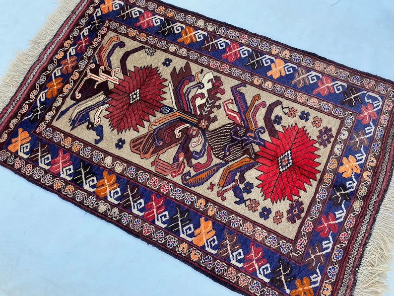 3x4.6 Ft / Floral Afghan Balochi Rug Tribal Oriental Rug/hand Knotted ...