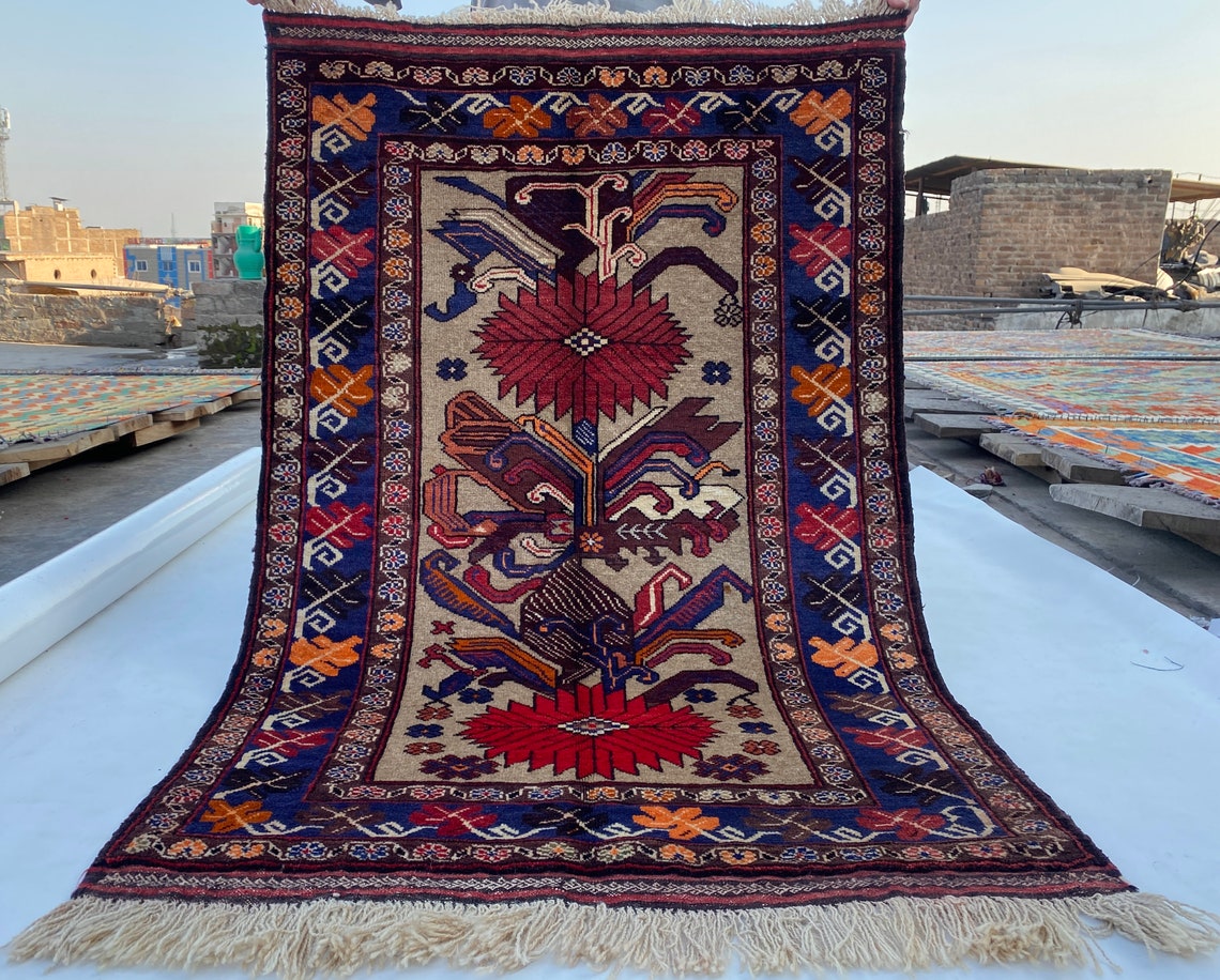 3x4.6 Ft / Floral Afghan Balochi Rug Tribal Oriental Rug/hand Knotted ...