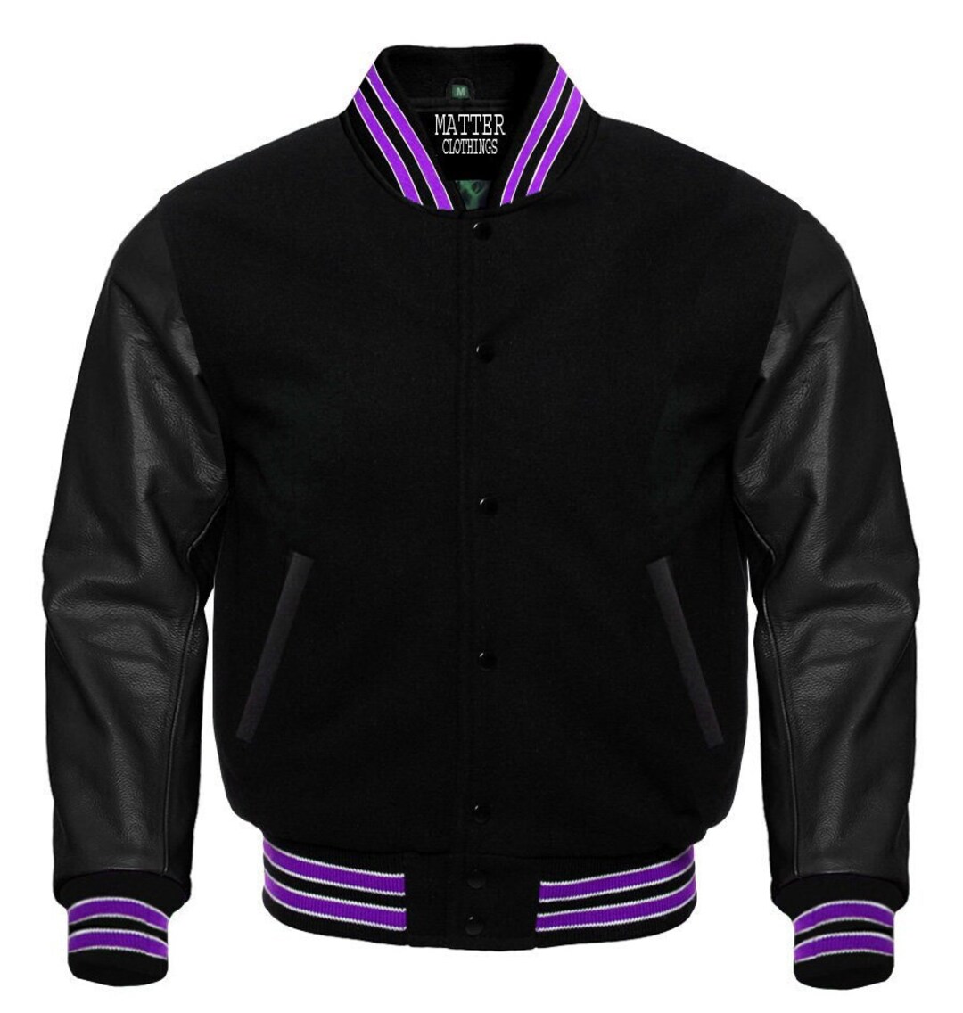 Men's Varsity Jacket Black Wool Body Genuine Black Cow Leather Sleeves ...