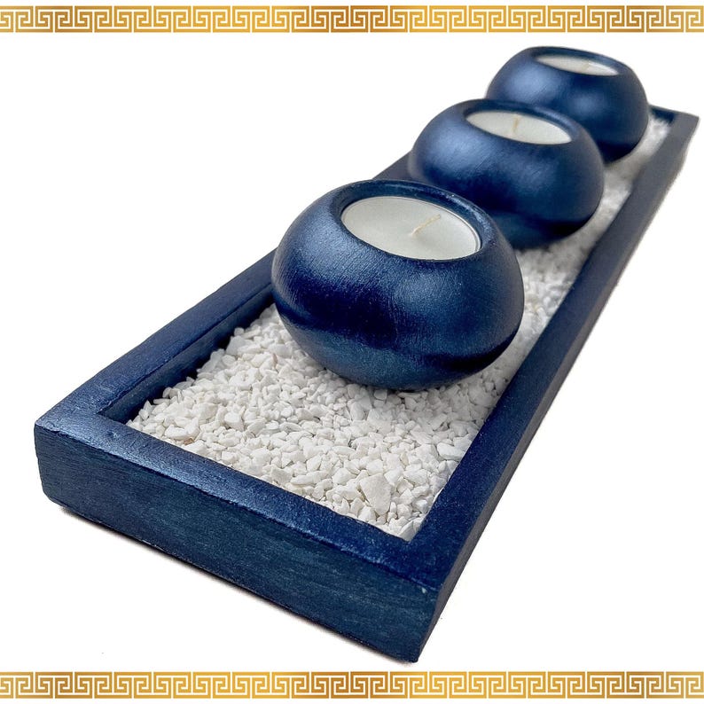 Midnight Blue Large Rectangular Tray With Three Round Candle Holders ...