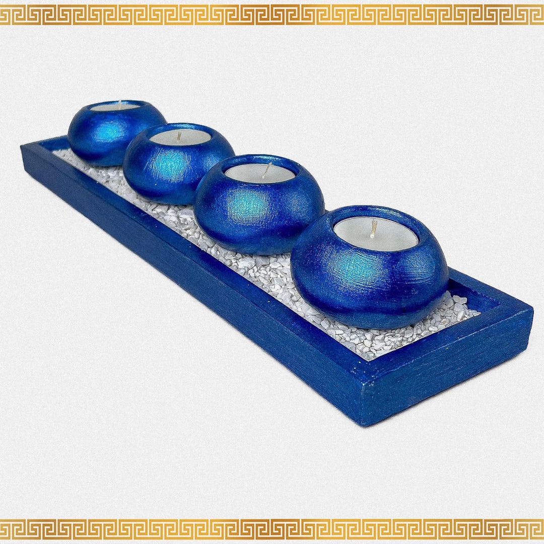 Sax Blue Large Rectangular Tray With Four Round Candle Holders - Sleek ...