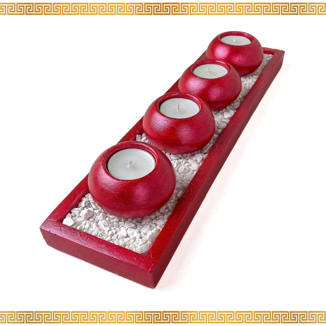Ruby Red Large Rectangular Tray With Four Round Candle Holders - Sleek ...