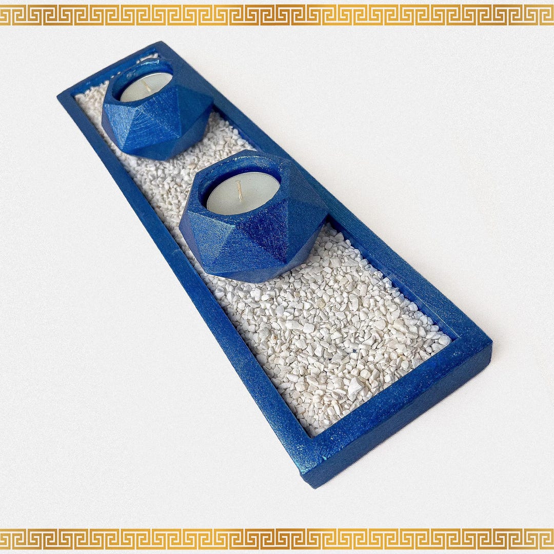 Sax Blue Large Rectangular Tray With Two Prism Candle Holders - Perfect ...