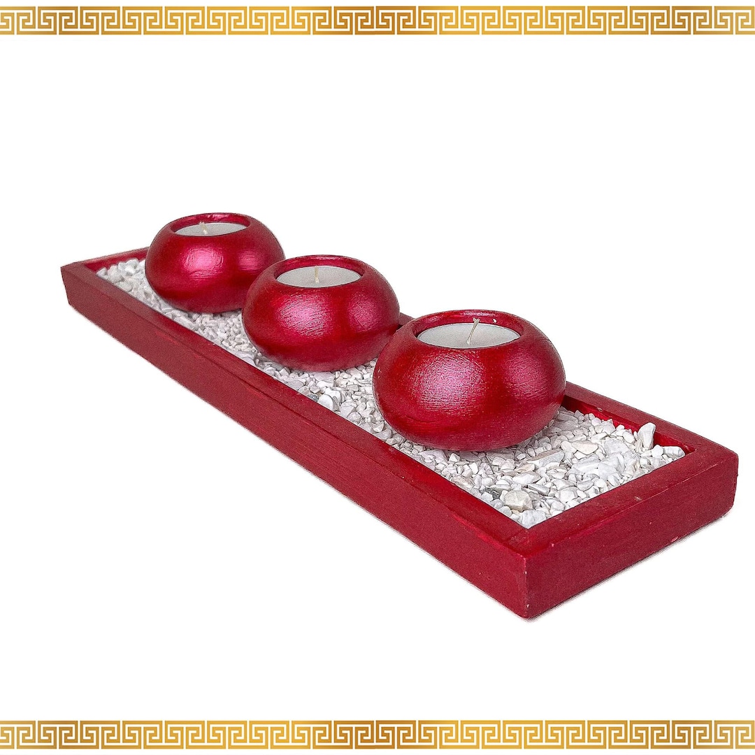 Ruby Red Large Rectangular Tray With Three Round Candle Holders ...