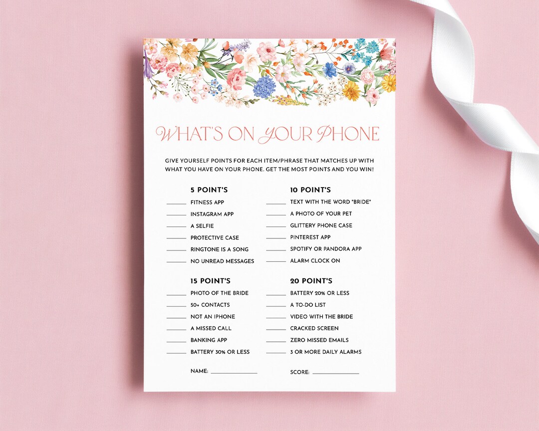 What's on Your Phone Bridal Shower Game Template - Garden Flower ...