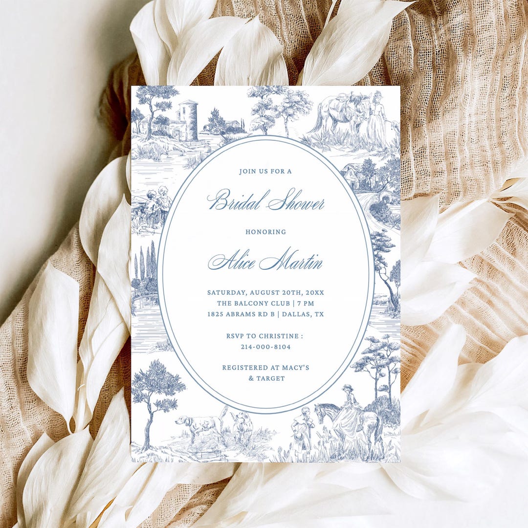 Toile De Jouy Bridal Shower Invitation Template Dusty Blue Invite Card ...
