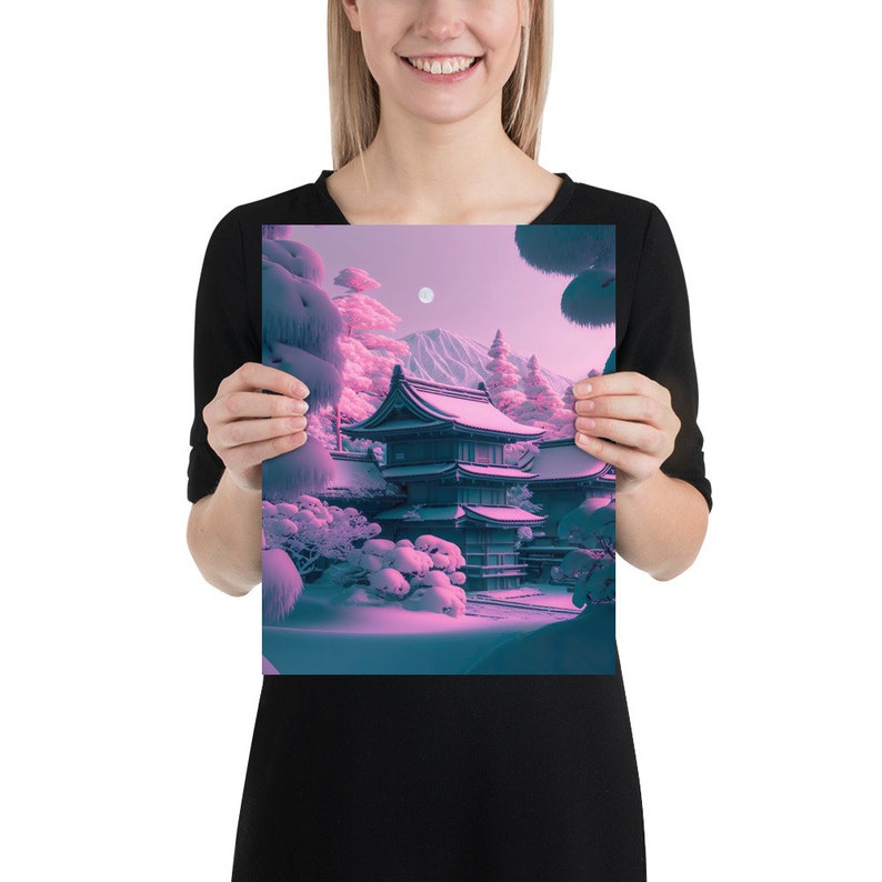 Snowy Japanese Village Vaporwave Poster Print Japanese Snow City Art ...
