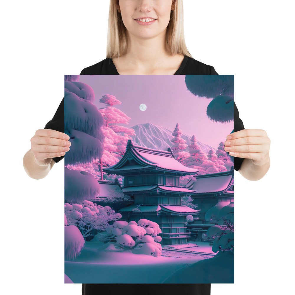 Snowy Japanese Village Vaporwave Poster Print Japanese Snow City Art ...