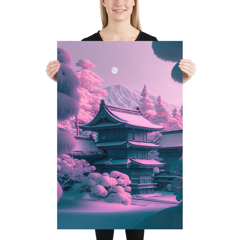 Snowy Japanese Village Vaporwave Poster Print Japanese Snow City Art ...