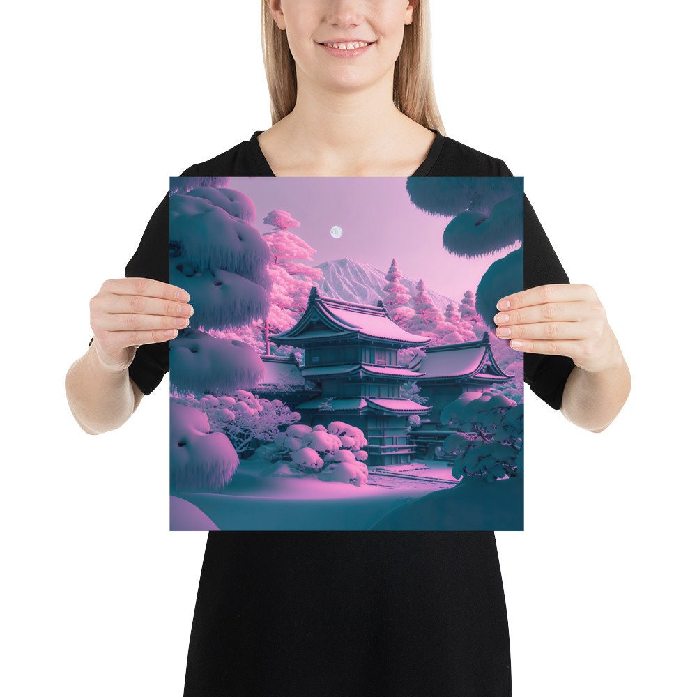 Snowy Japanese Village Vaporwave Poster Print Japanese Snow City Art ...