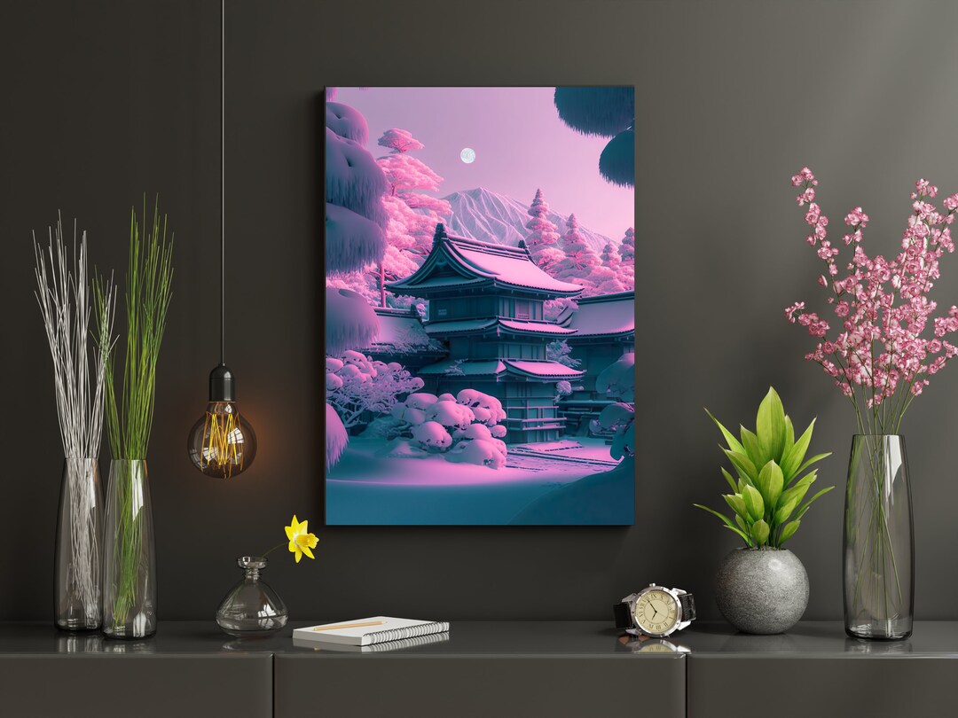 Snowy Japanese Village Vaporwave Poster Print Japanese Snow City Art ...