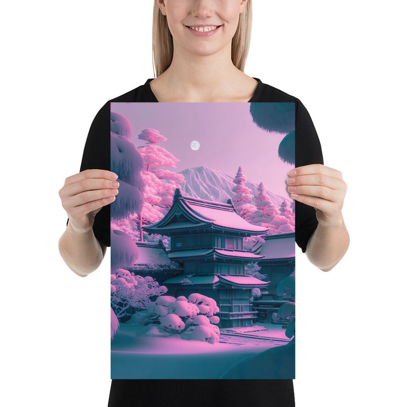 Snowy Japanese Village Vaporwave Poster Print Japanese Snow City Art ...