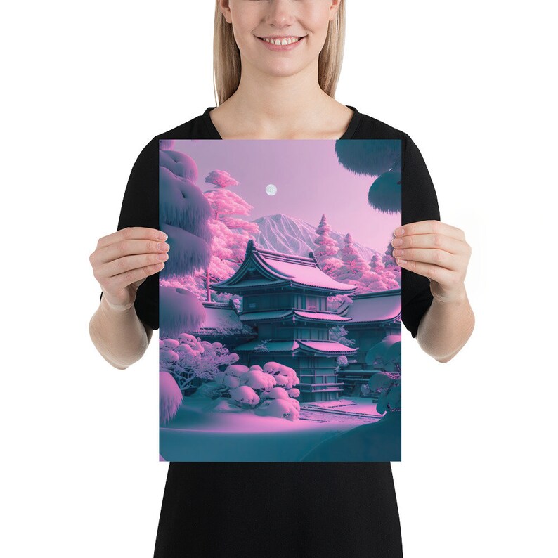Snowy Japanese Village Vaporwave Poster Print Japanese Snow City Art ...