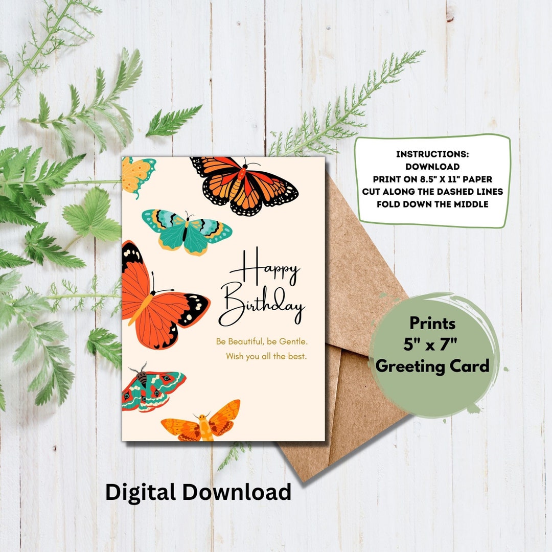 Happy Birthday Printable Card, Butterfly Birthday Printable Card, Cute ...