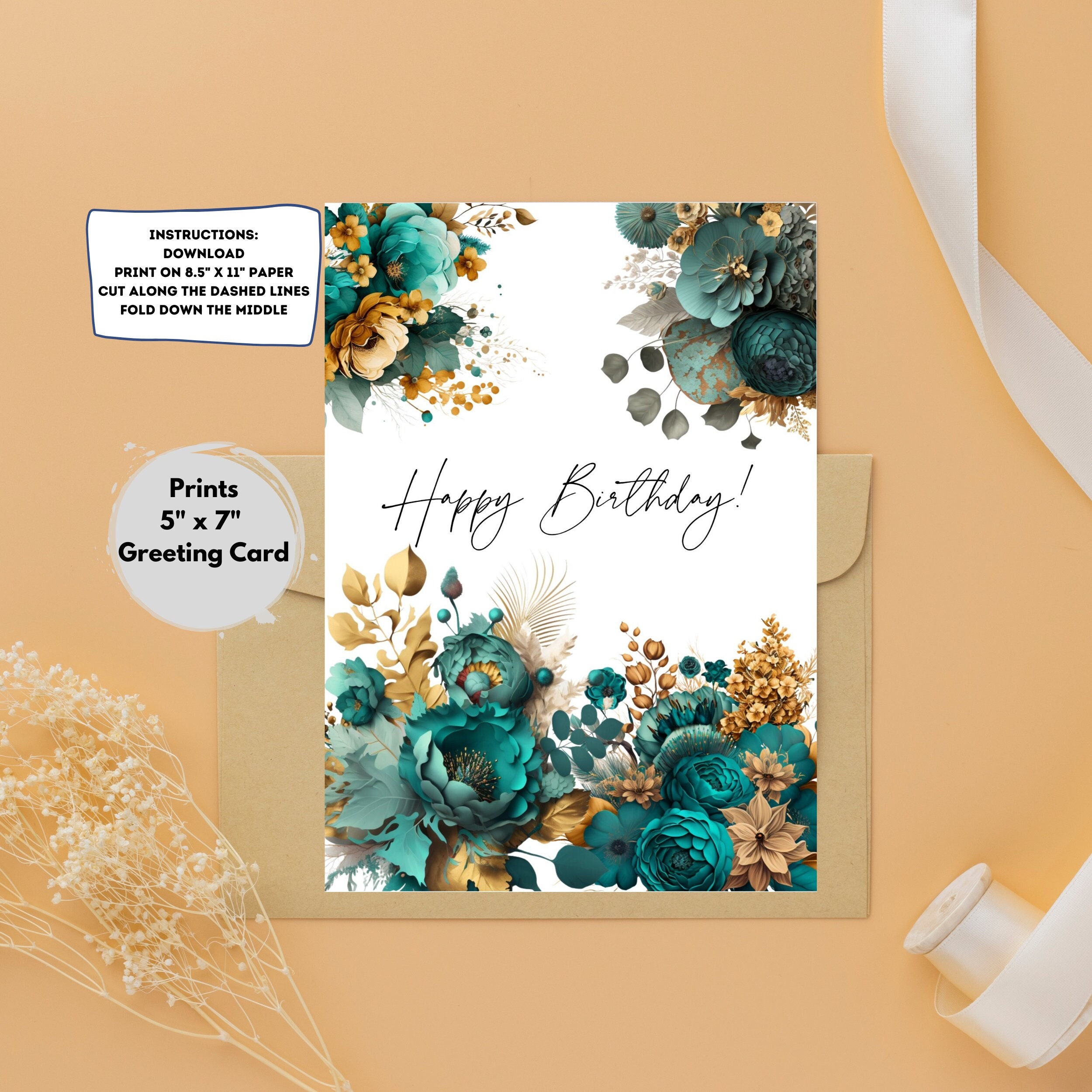 Happy Birthday Printable Card, Teal Gold Flower Birthday Printable Card ...